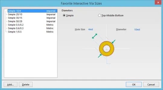 Favorite Interactive Via Sizes | Altium CircuitStudio Technical Documentation