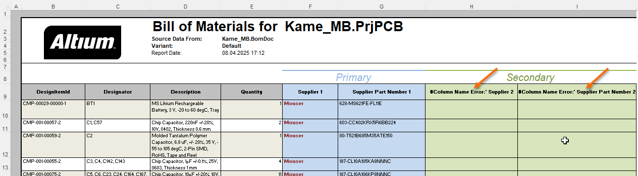 KB: Column Name Error in BOM | Knowledge Base Technical Documentation